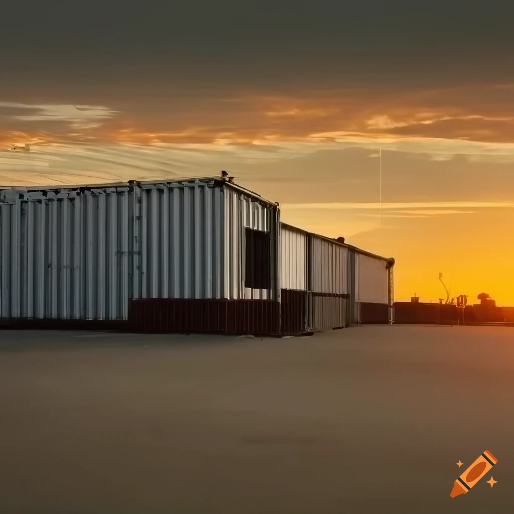 Sunset view of a pharmaceutical distribution hangar with a private jet on Craiyon