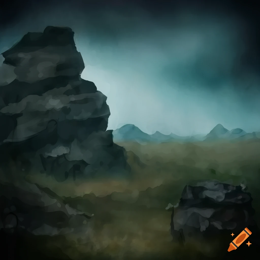 Watercolor painting of a rocky field in medieval times on Craiyon