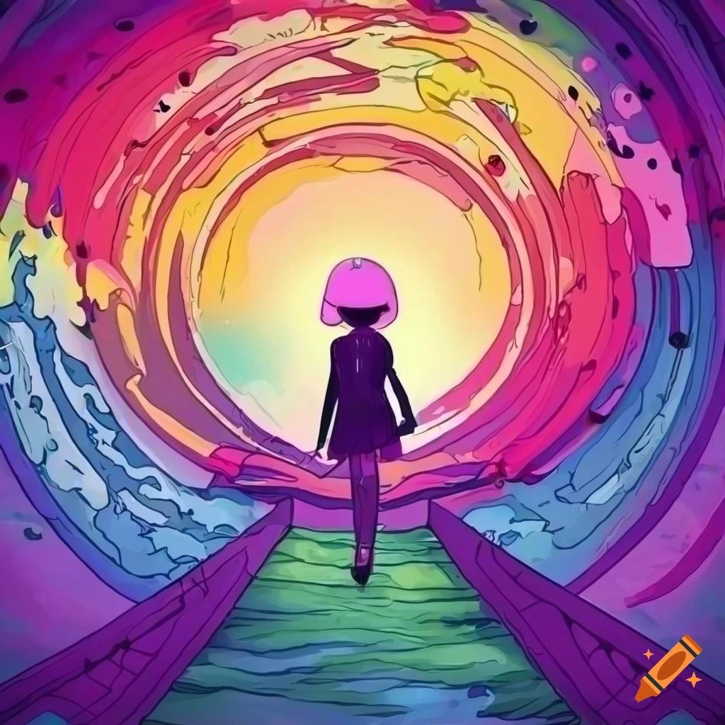 Illustration of a girl crossing a bridge on a colorful abyss