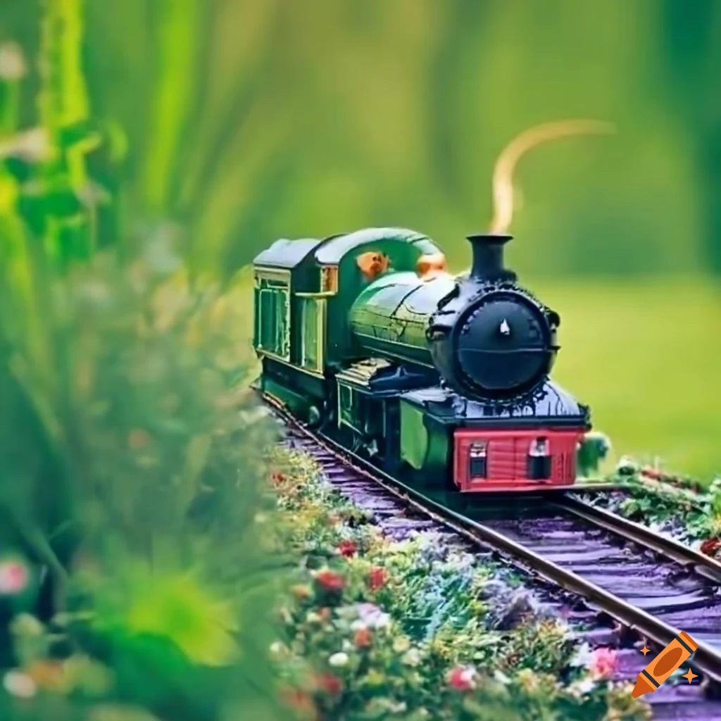 Miniature train station on an autumn leaf on Craiyon