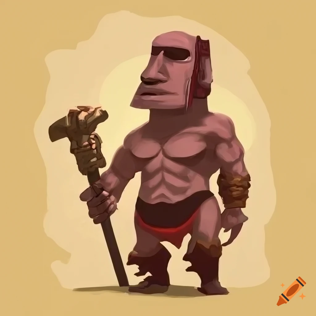 Digital art of a humanoid moai barbarian on Craiyon