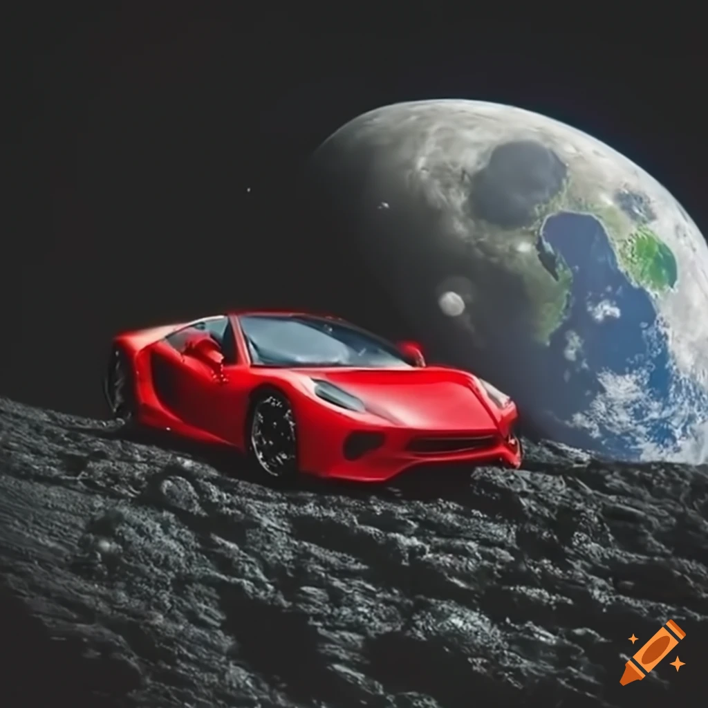 Red sports car on the moon with earth in the sky