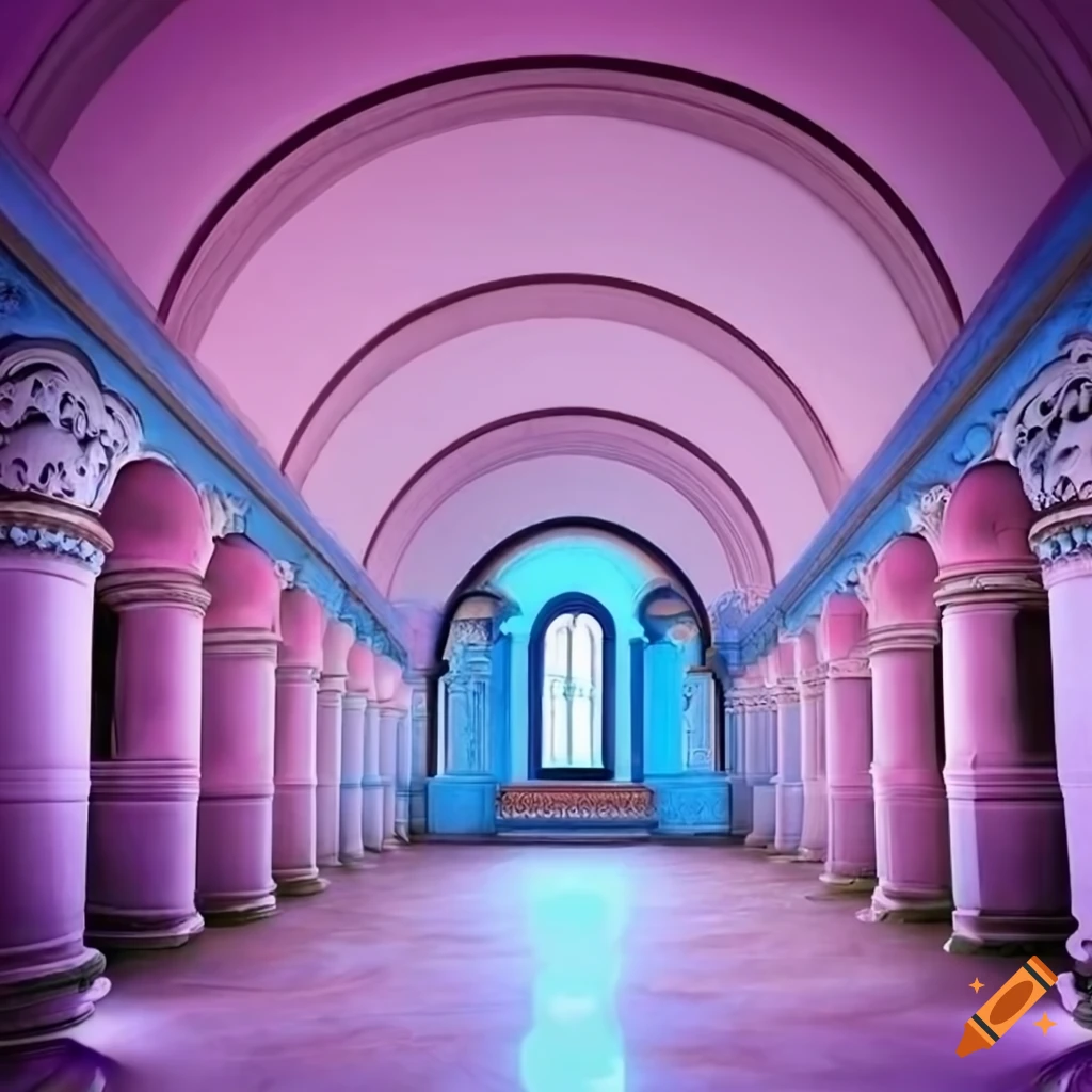 Luxurious pink and blue cemetery crypt with marble statues on Craiyon