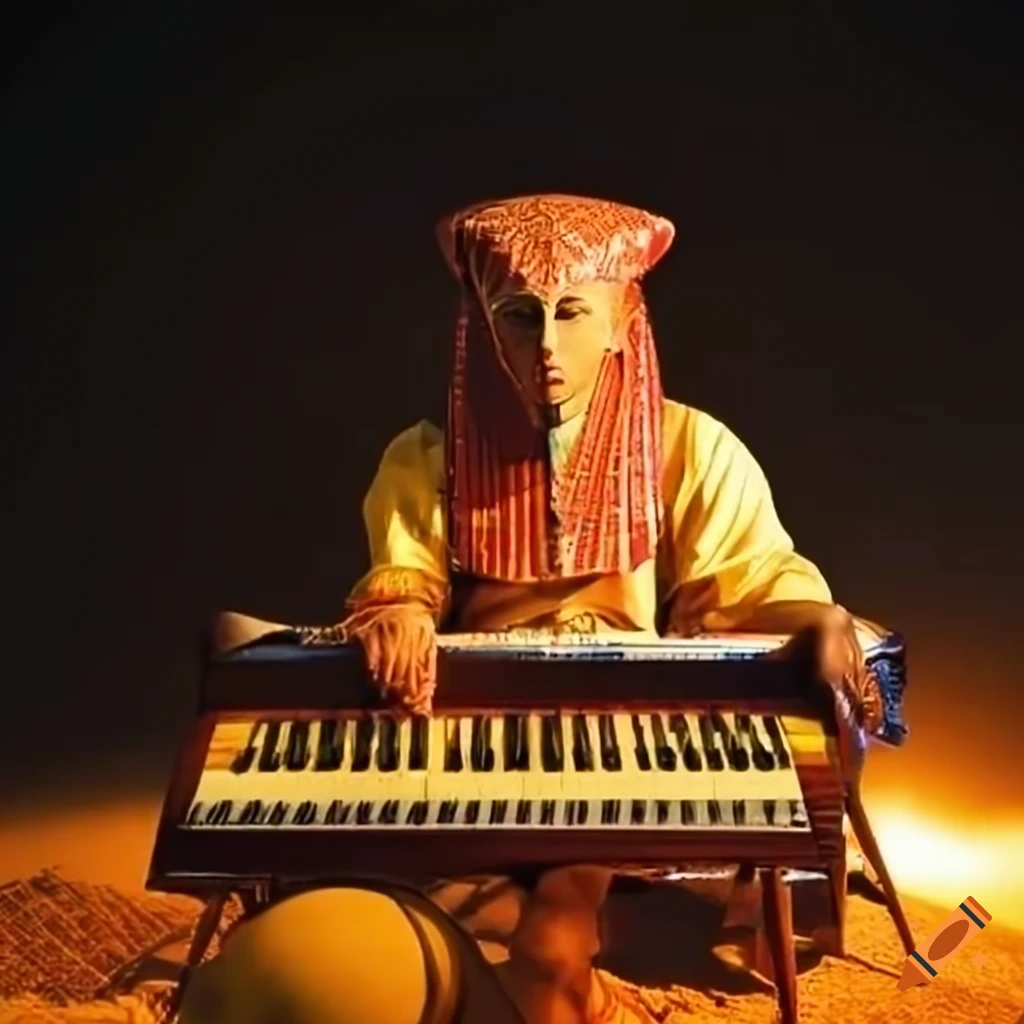 Pharaoh playing synthesizer near the pyramids on Craiyon