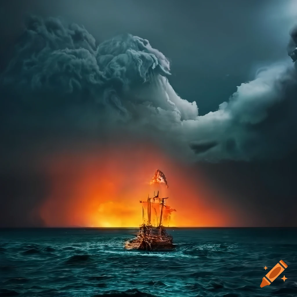 Photograph of a pirate ship in a storm near a volcano