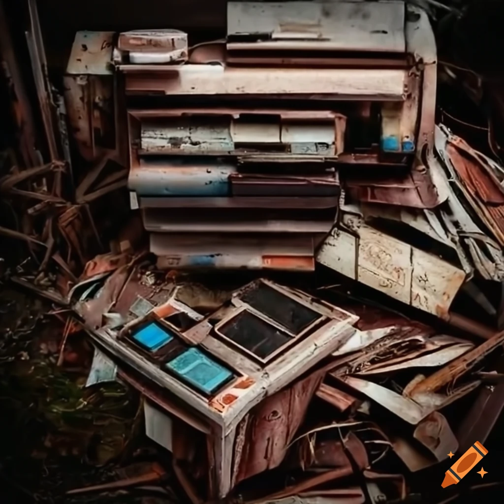 Abandoned printers in a junkyard