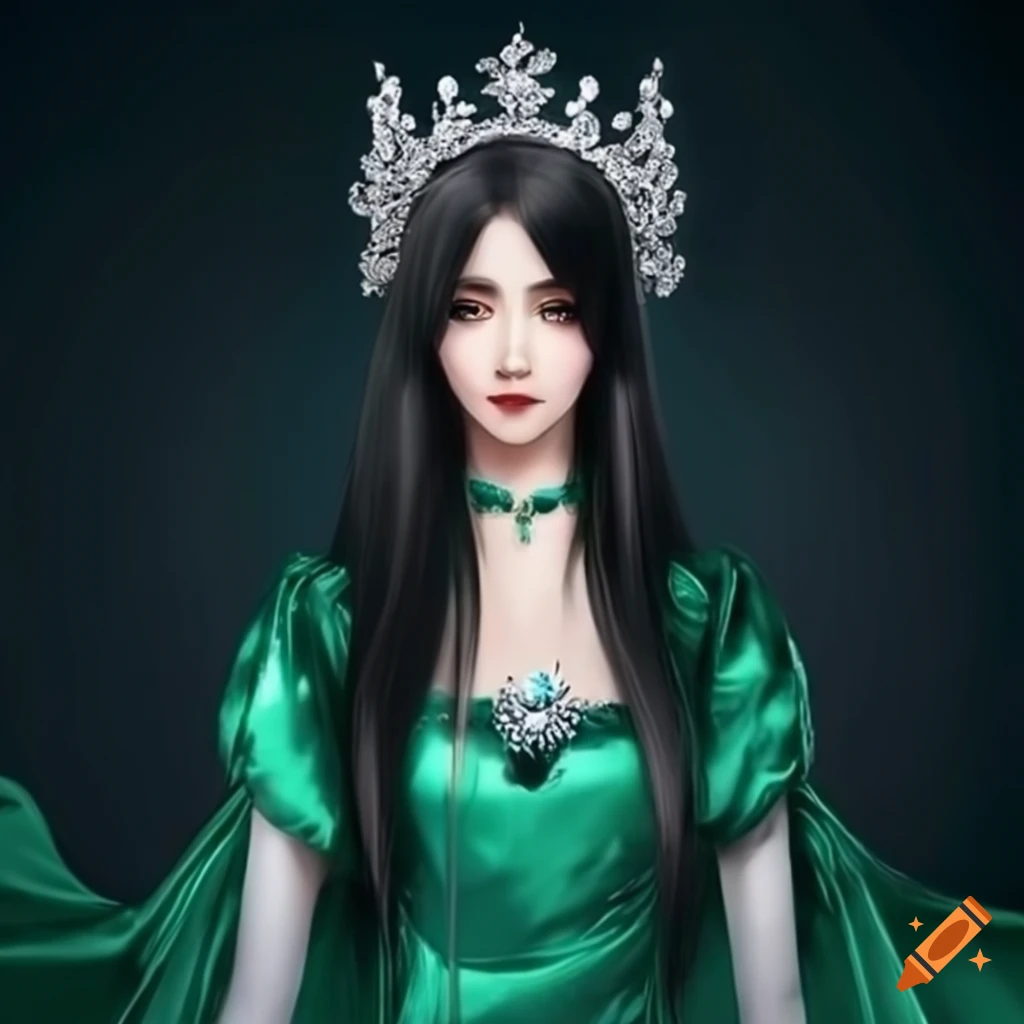 Portrait Of A Princess With Long Black Hair And A Green Satin Dress On Craiyon