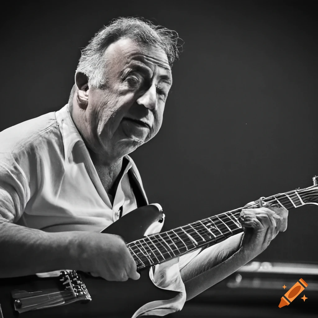 Gerard Larcher playing electric guitar on stage on Craiyon