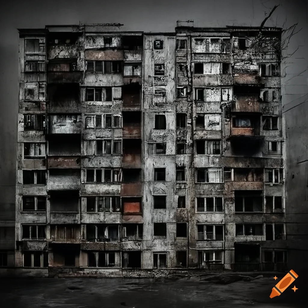Surreal dark concrete apartment buildings