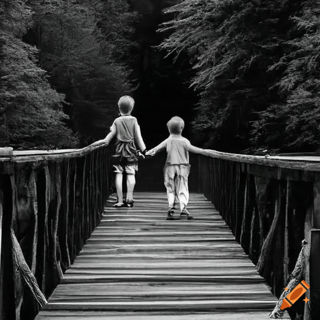 Two boys on a high bridge