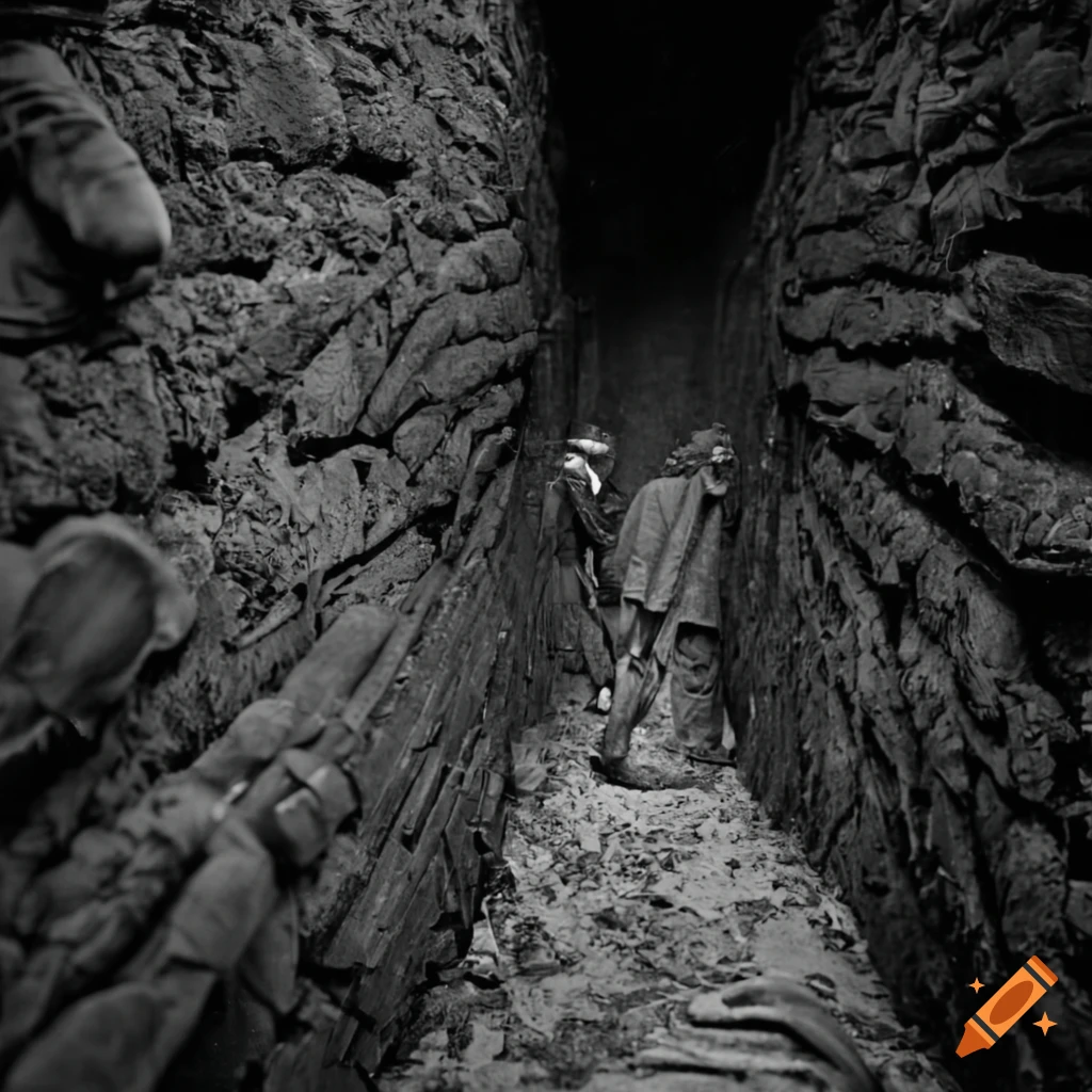 Monochrome image of soldiers in a ww1 trench