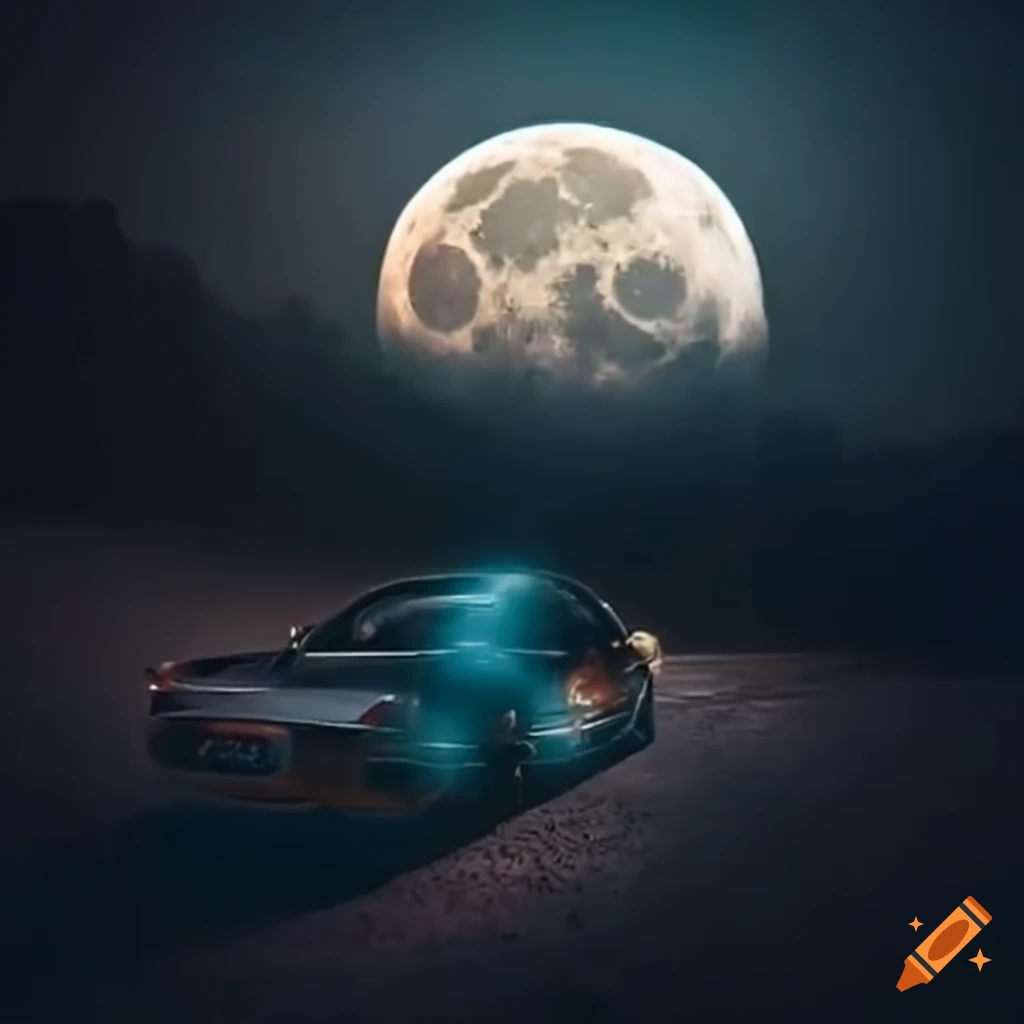 Sunset with a sports car and godzilla lurking on Craiyon