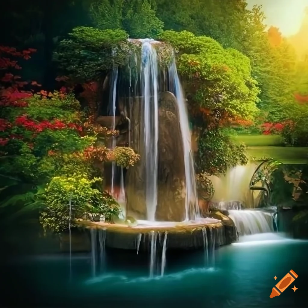 Very detailed and hyper realistic small bubbly waterfall of ledge stone ...