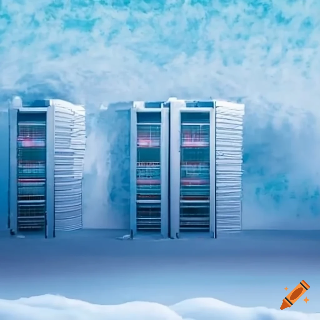 Data center racks in a snowy environment on Craiyon