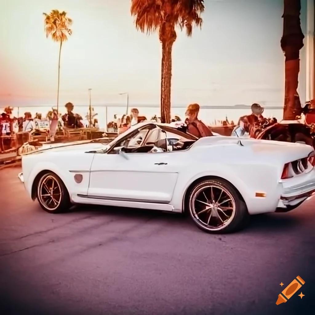 White mustang convertible on santa monica boulevard on Craiyon