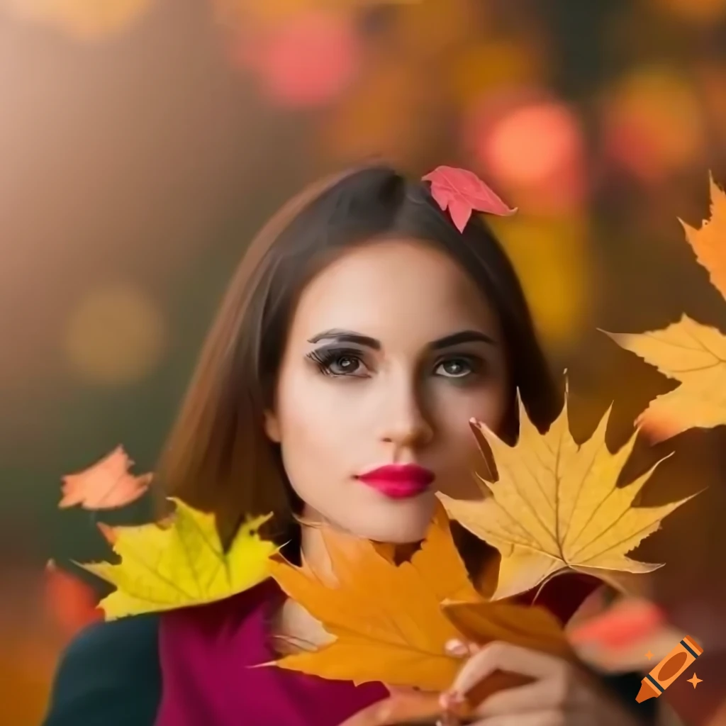 Artistic portrait of a woman surrounded by autumn leaves