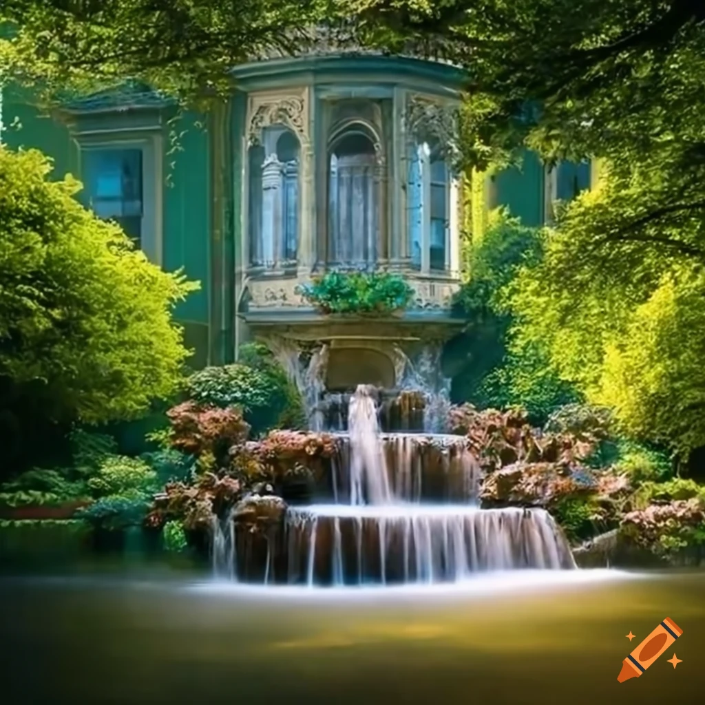 Beautiful victorian garden with a waterfall and intricate balcony on ...