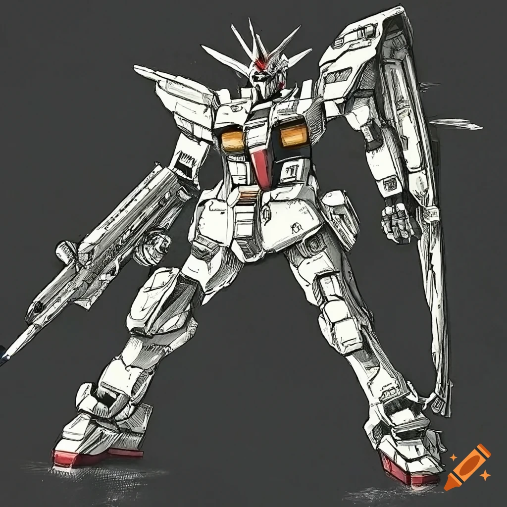 Detailed pen and ink illustration of a gundam with weapons on Craiyon