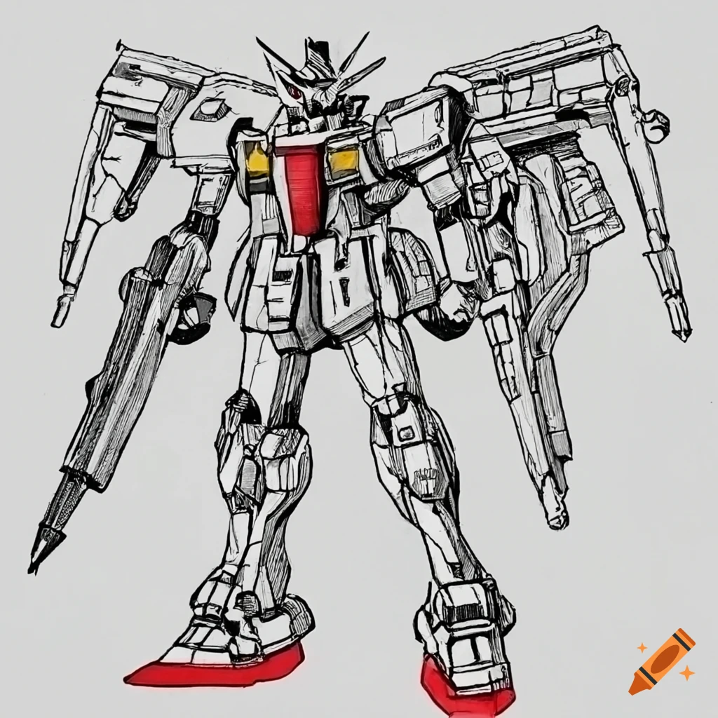 Pen and ink illustration of a gundam with weapons