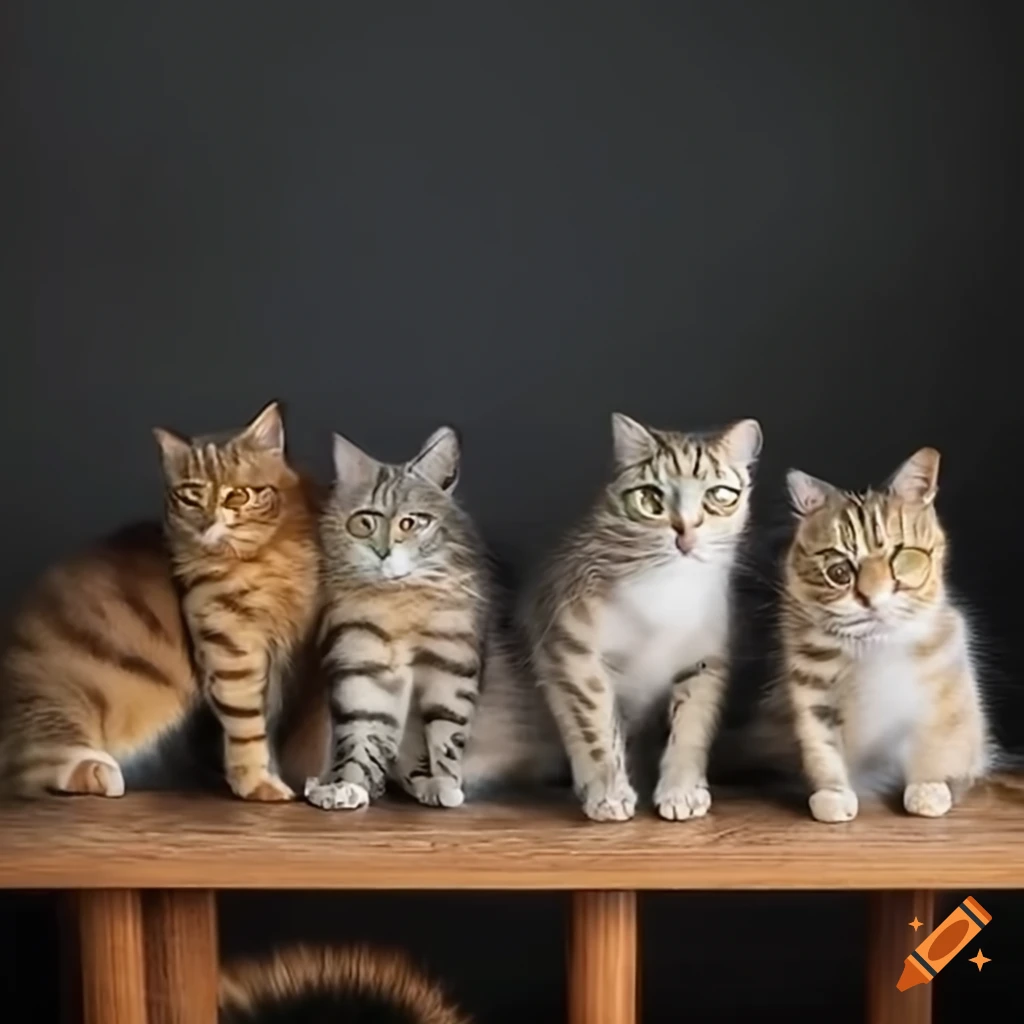 Realistic depiction of five cats on a table on Craiyon