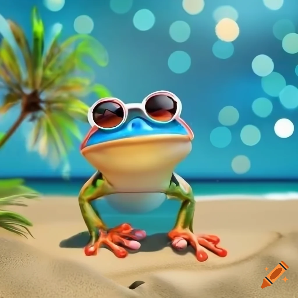 3D cool frog on a beach with sunglasses on Craiyon