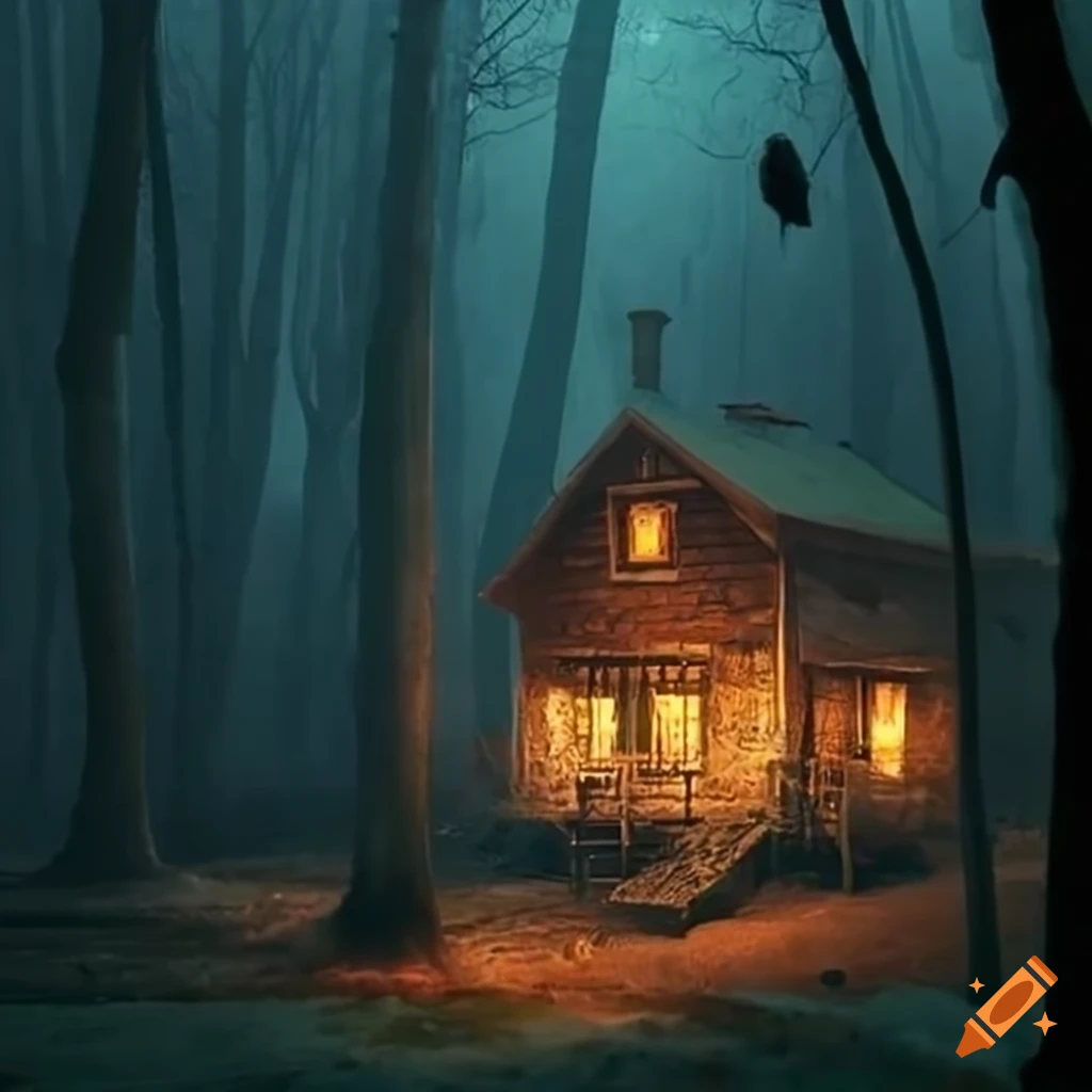 Inn illuminated in a mysterious forest on Craiyon