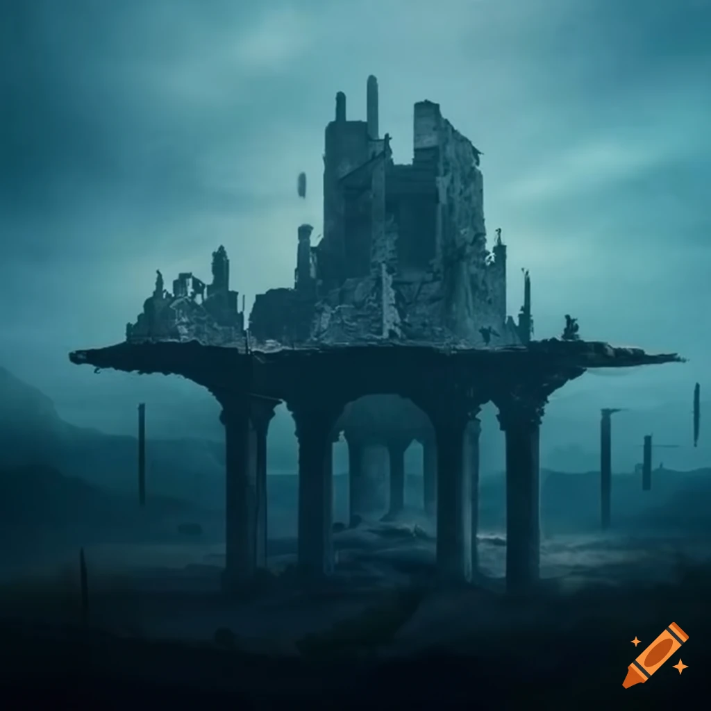 Surreal architectural ruins in a desolate landscape