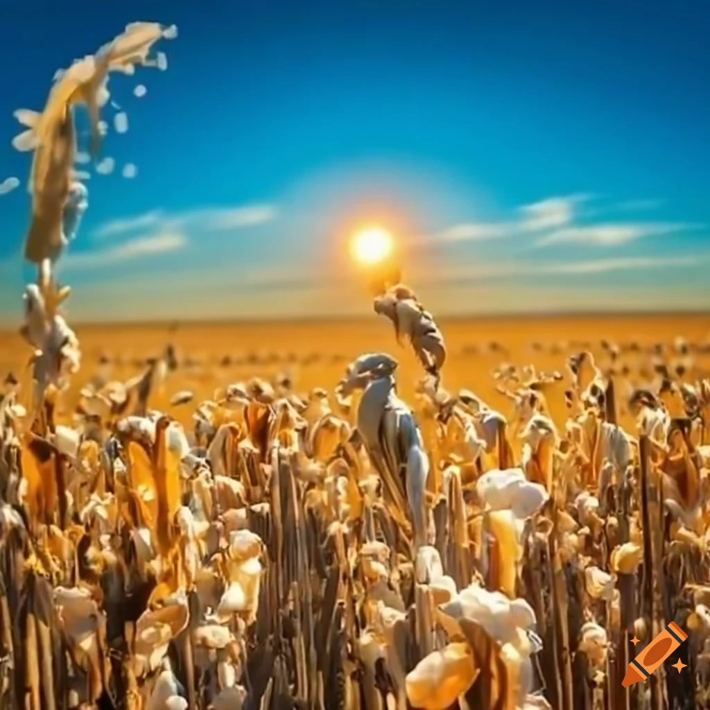 A field of popcorn under blue sky on Craiyon