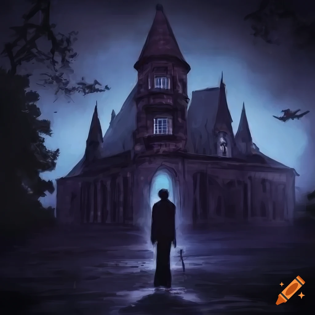 Dark painting of a man in front of a vampire manor on Craiyon