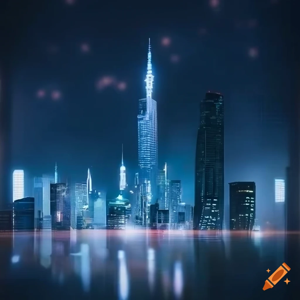 Skyline view of a futuristic cyber city with tall skyscrapers on Craiyon