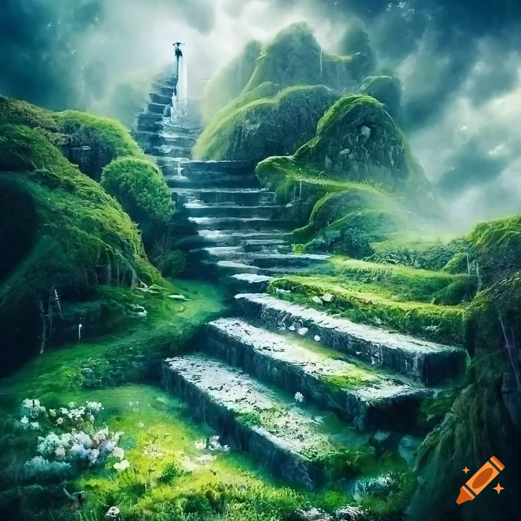 Surreal artwork of a long staircase leading to a magical world on Craiyon