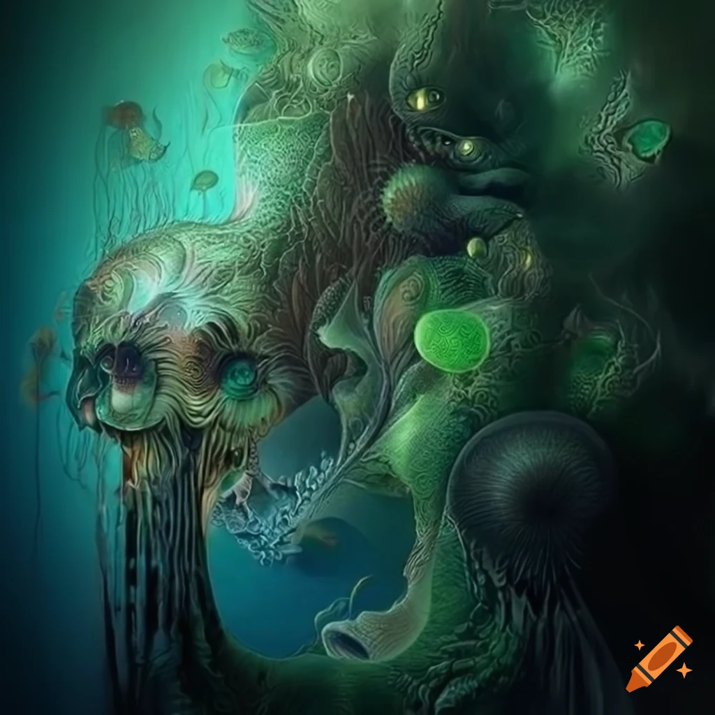 Illustration of cute animals racing away from a flood in haeckel style ...