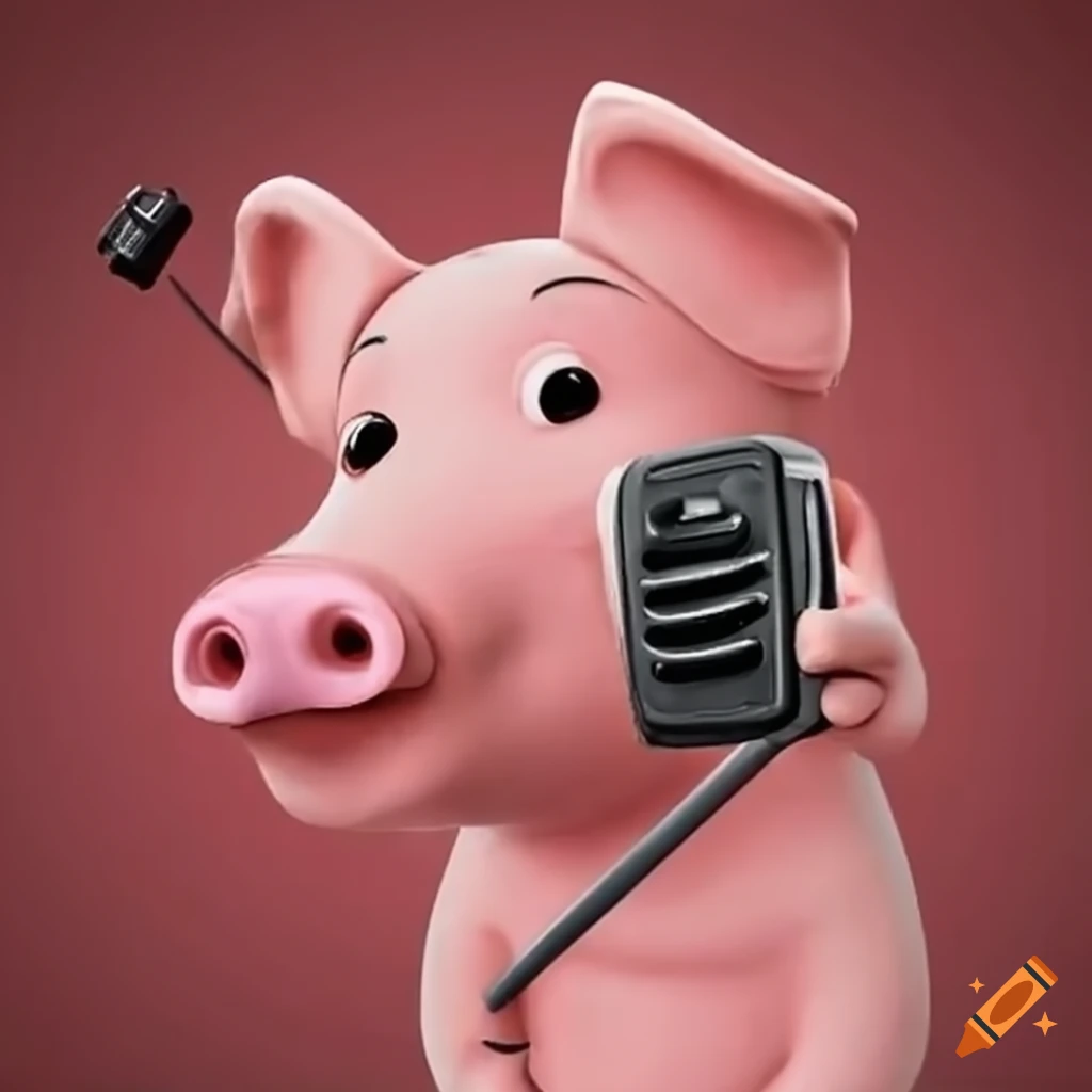 Humorous illustration of a pig using a walkie talkie on Craiyon