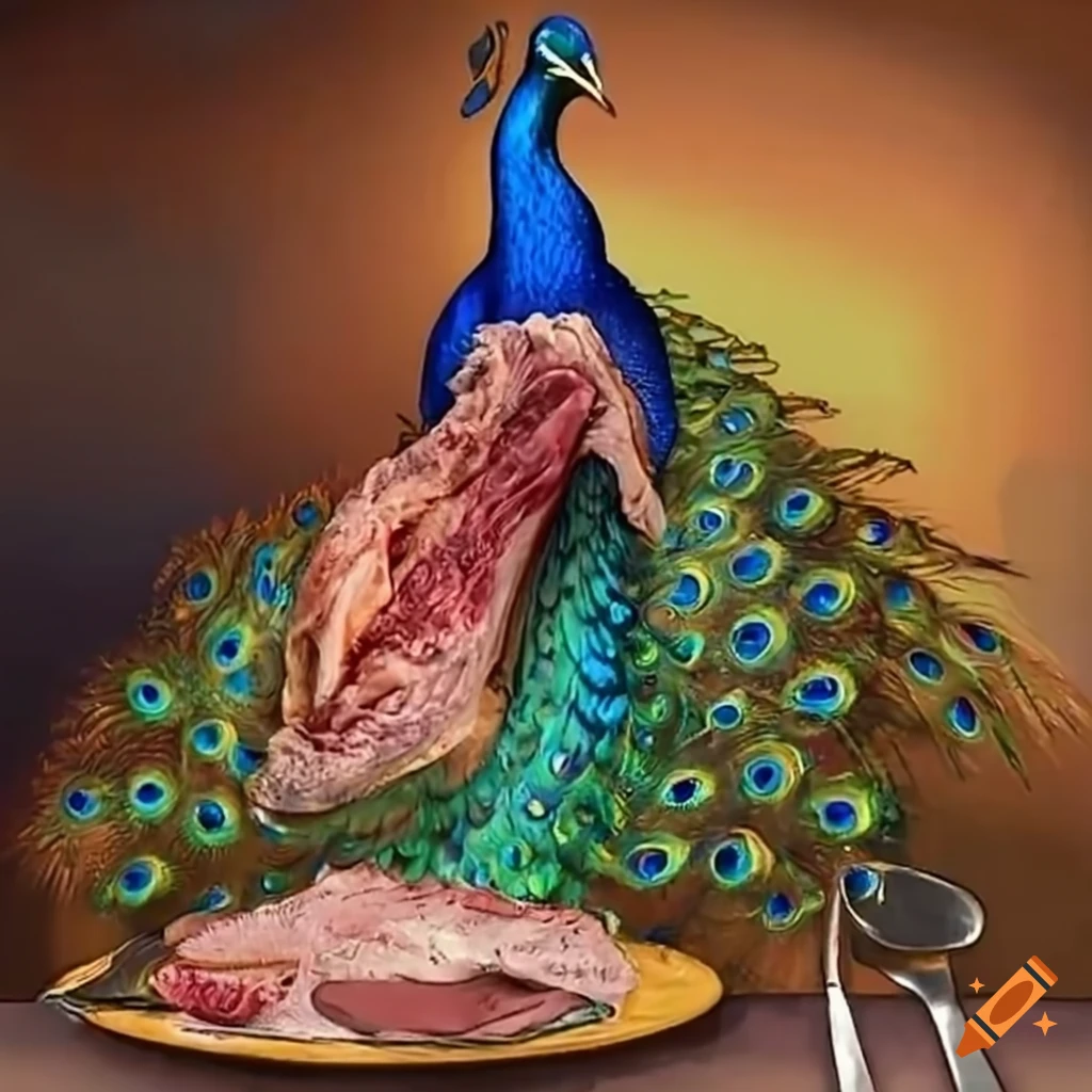 Peacock dining with wings fully expanded on Craiyon