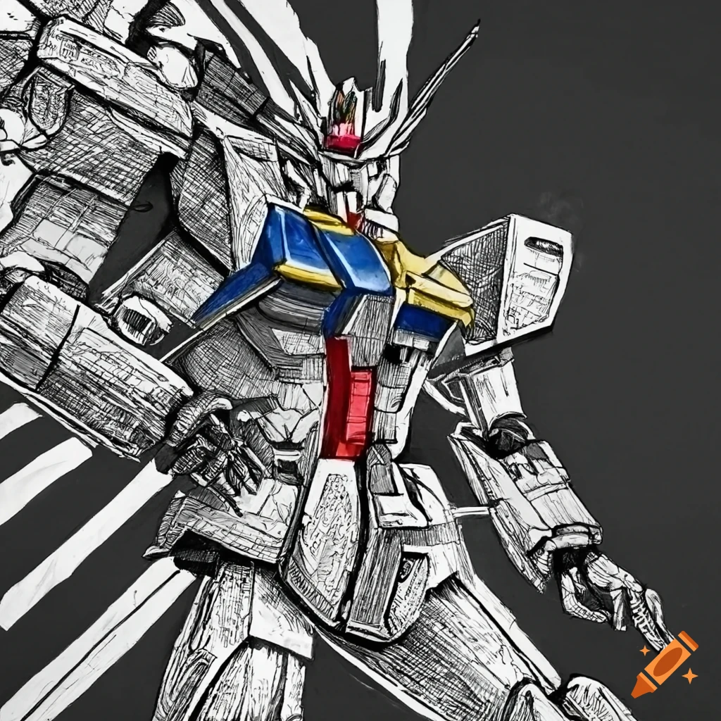 Detailed pen and ink gundam illustration on Craiyon