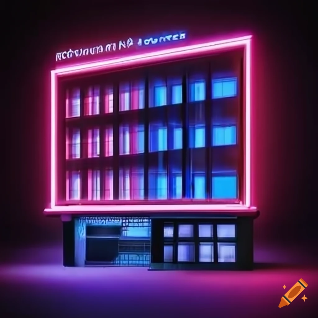Front view of a building with neon lights
