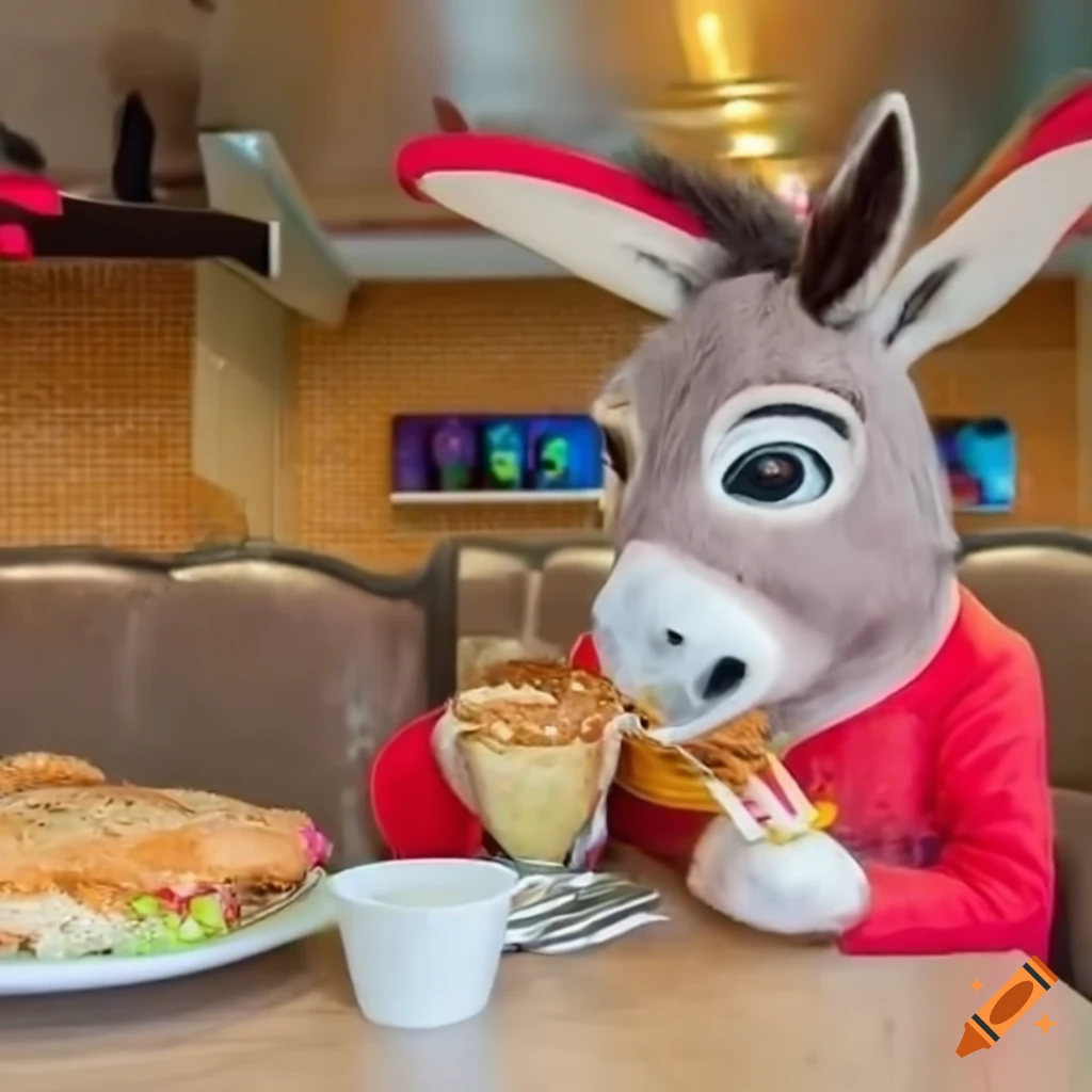 Anthropomorphic donkey at a fast-food restaurant on Craiyon