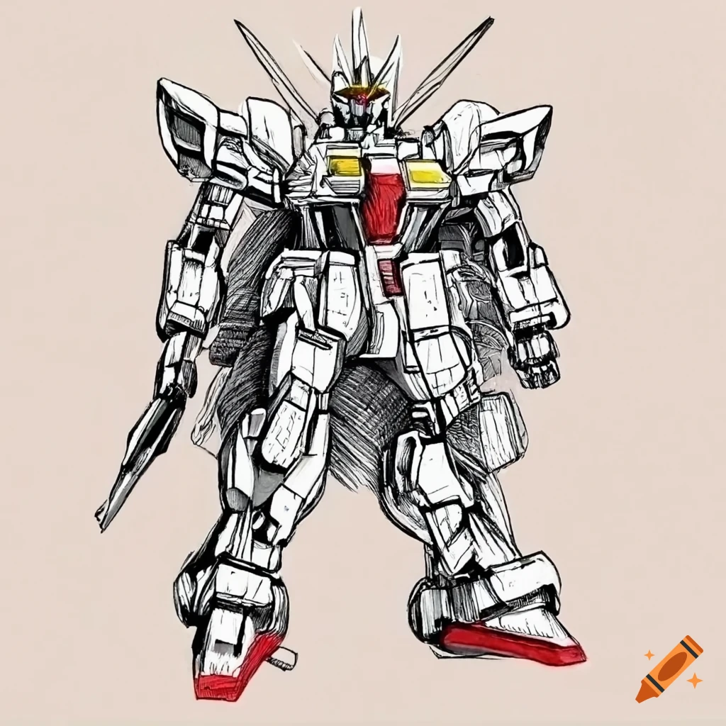 Detailed pen and ink illustration of a gundam with weapons on Craiyon
