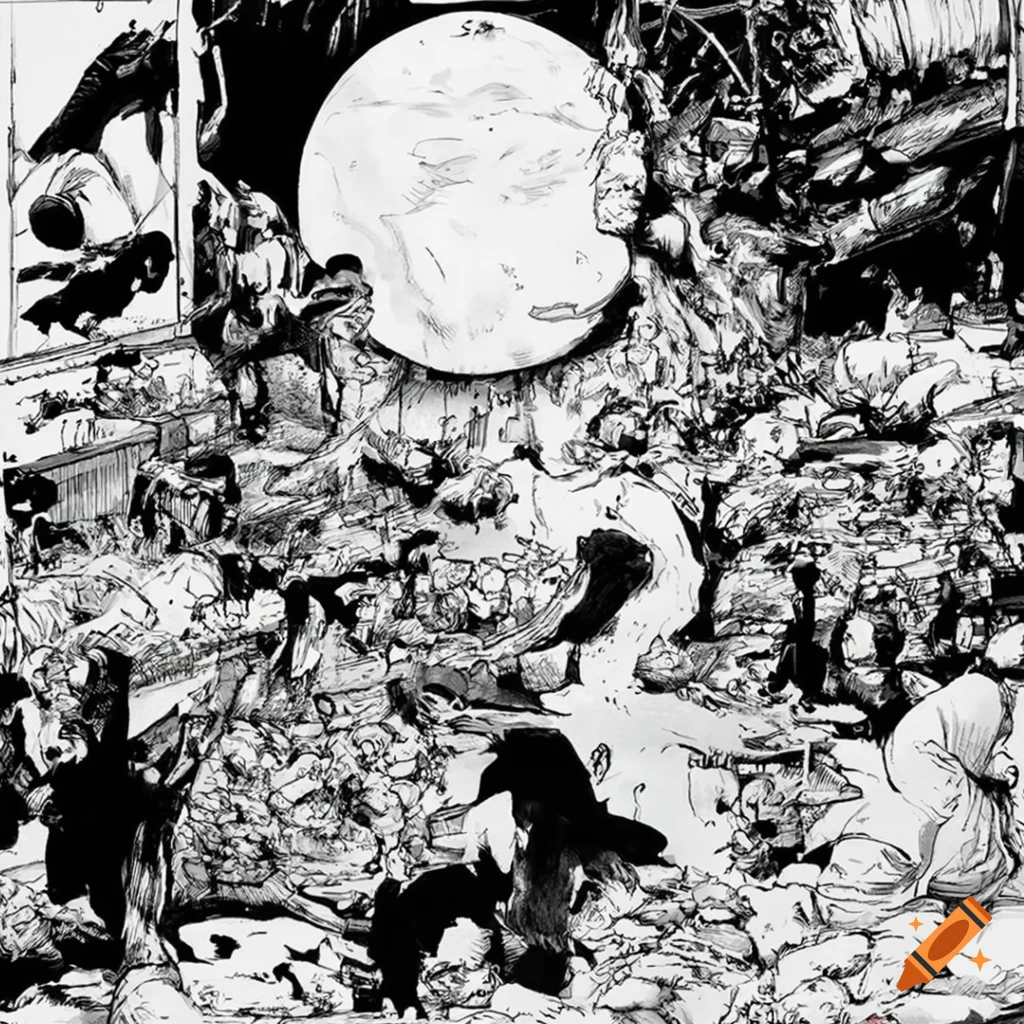 Illustration of dogs in intense fight by Katsuhiro Ôtomo on Craiyon