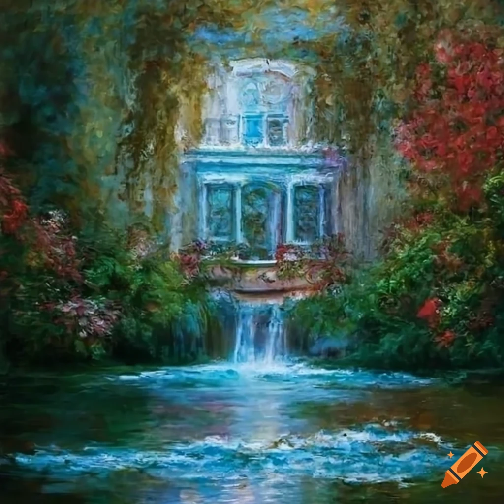 Monet-style painting of a Victorian garden with a waterfall on Craiyon