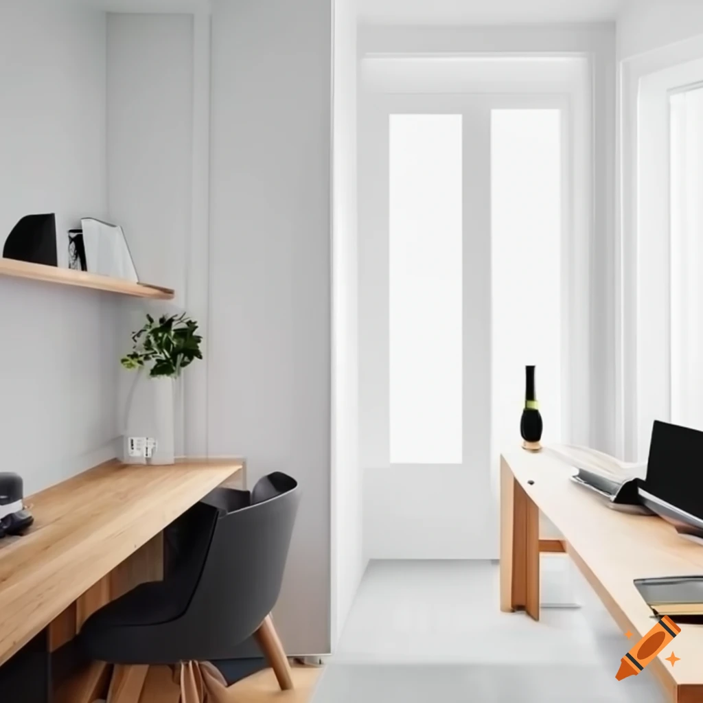 Minimalist office interior with adhesive rolls and computer on desk on ...