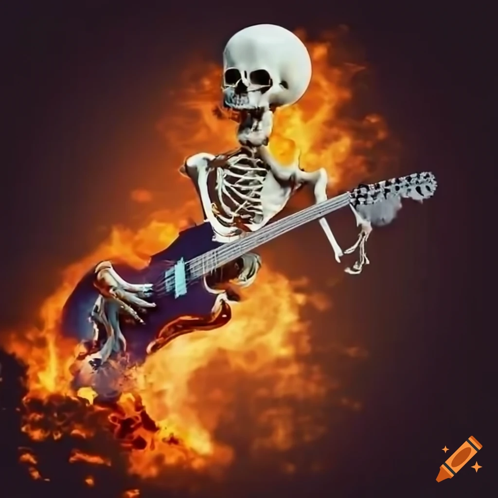Skeleton playing electric guitar with explosive background on Craiyon