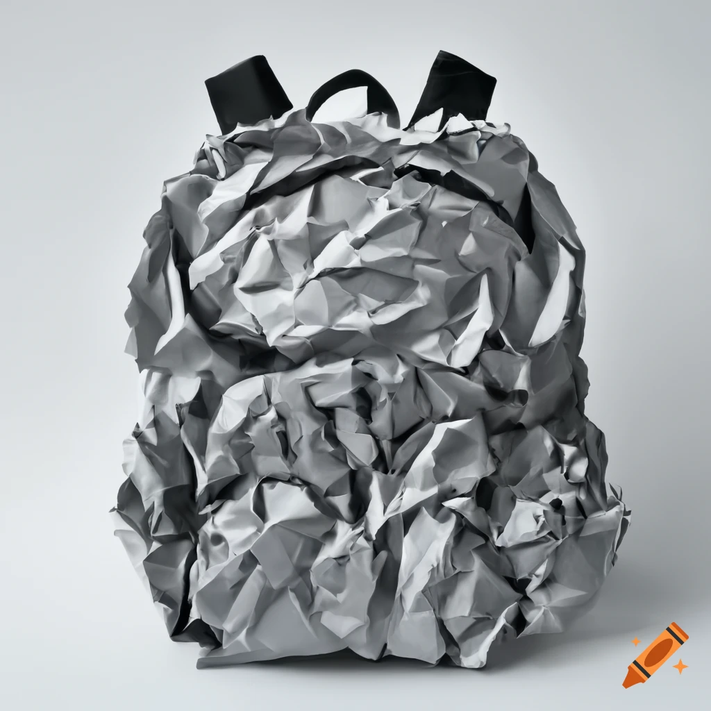 Sculpture of crumpled paper backpack on Craiyon