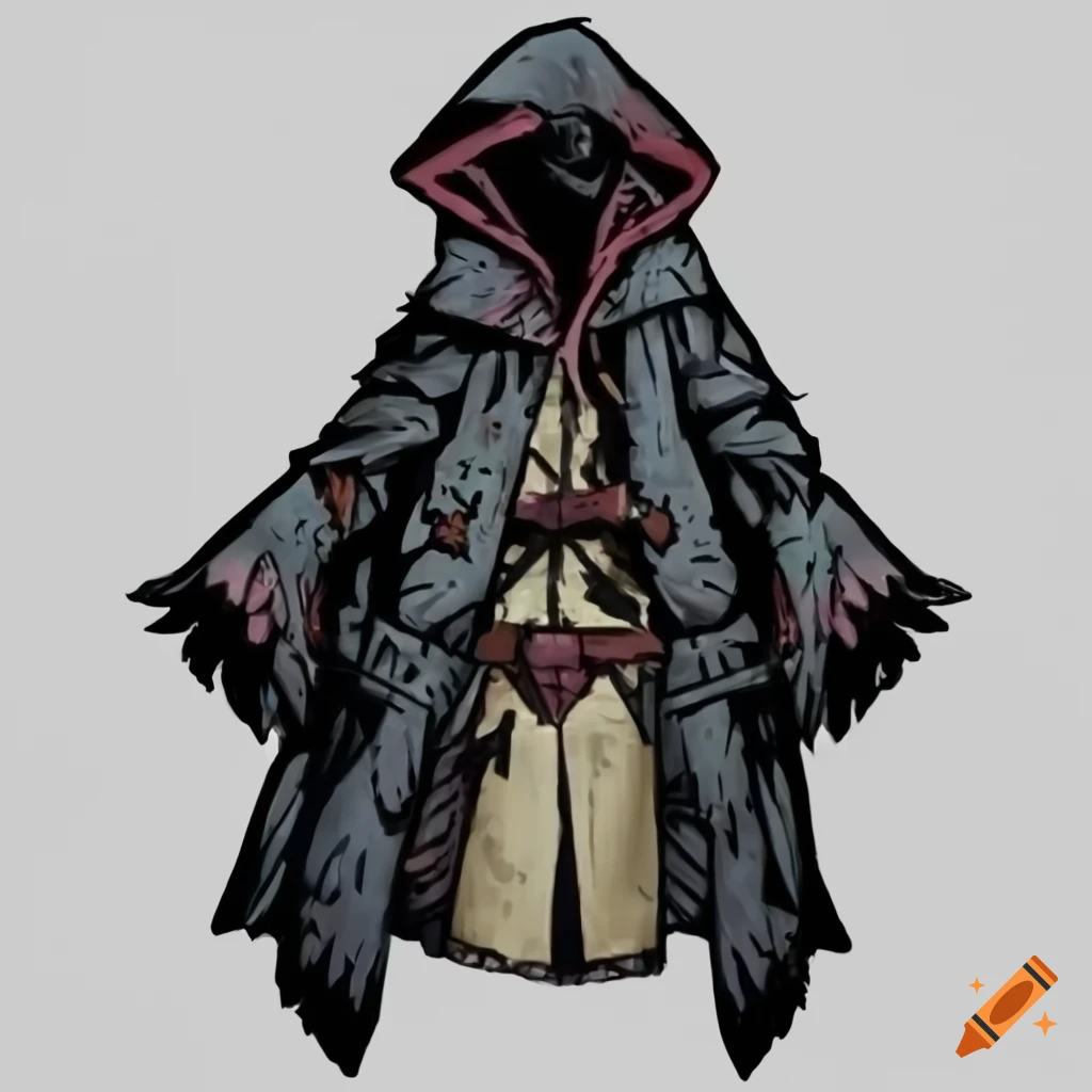 Character design of a black raven-feathered robe on Craiyon