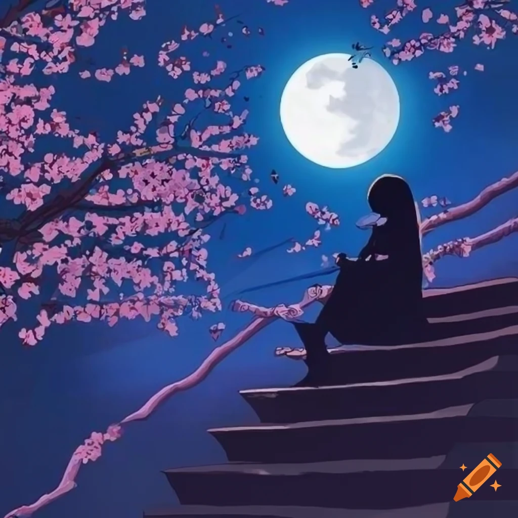 Silhouette of a girl in a cherry blossom forest under moonlight on Craiyon