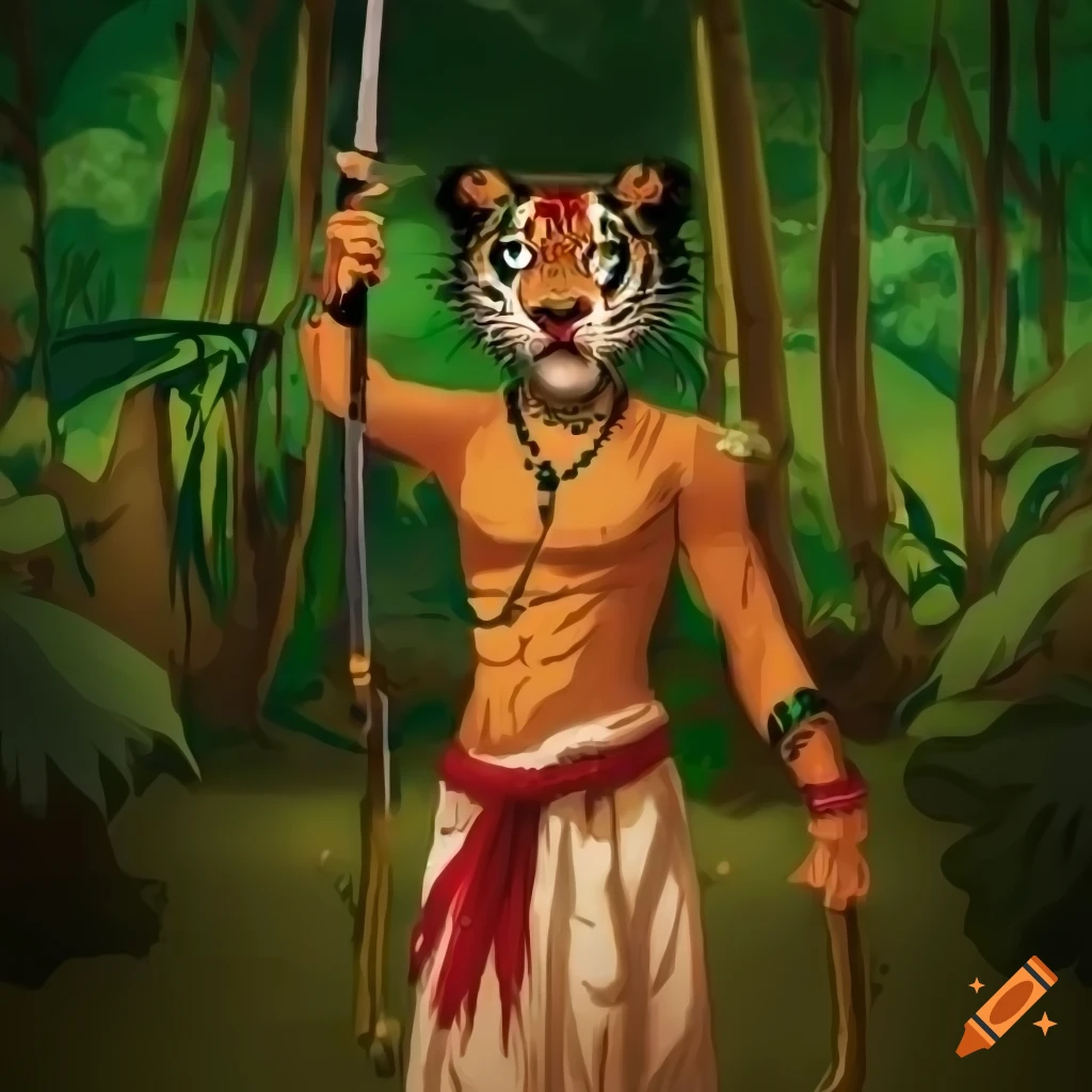 Illustration of a tiger-man warrior in a lush jungle on Craiyon