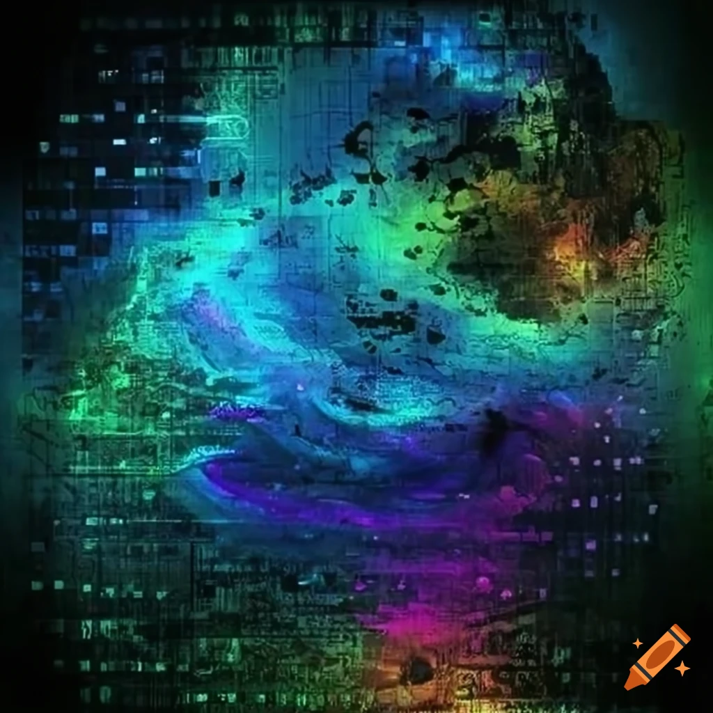 Cosmic environment with old map and matrix style text on Craiyon