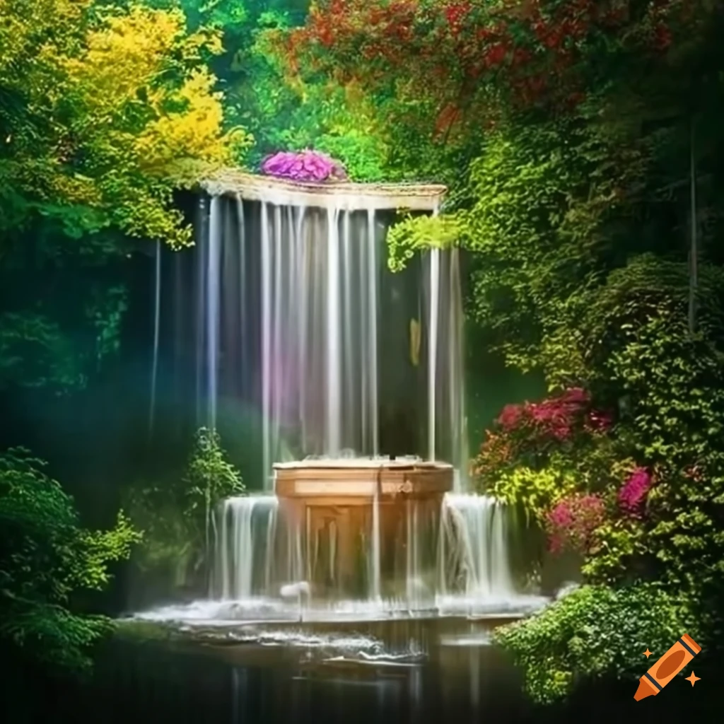 Victorian garden balcony with waterfall and rococo elements on Craiyon