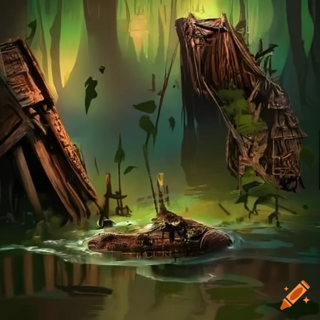 Fantasy swamp with piles of junk