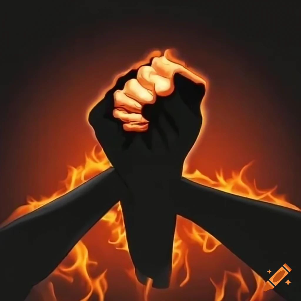 Image of flaming fist clashing with shadow fist on Craiyon